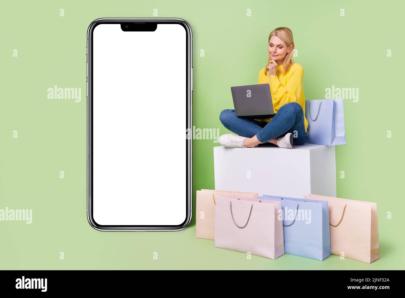 Photo of senior lady sit podium mobile phone poster search web netbook ...