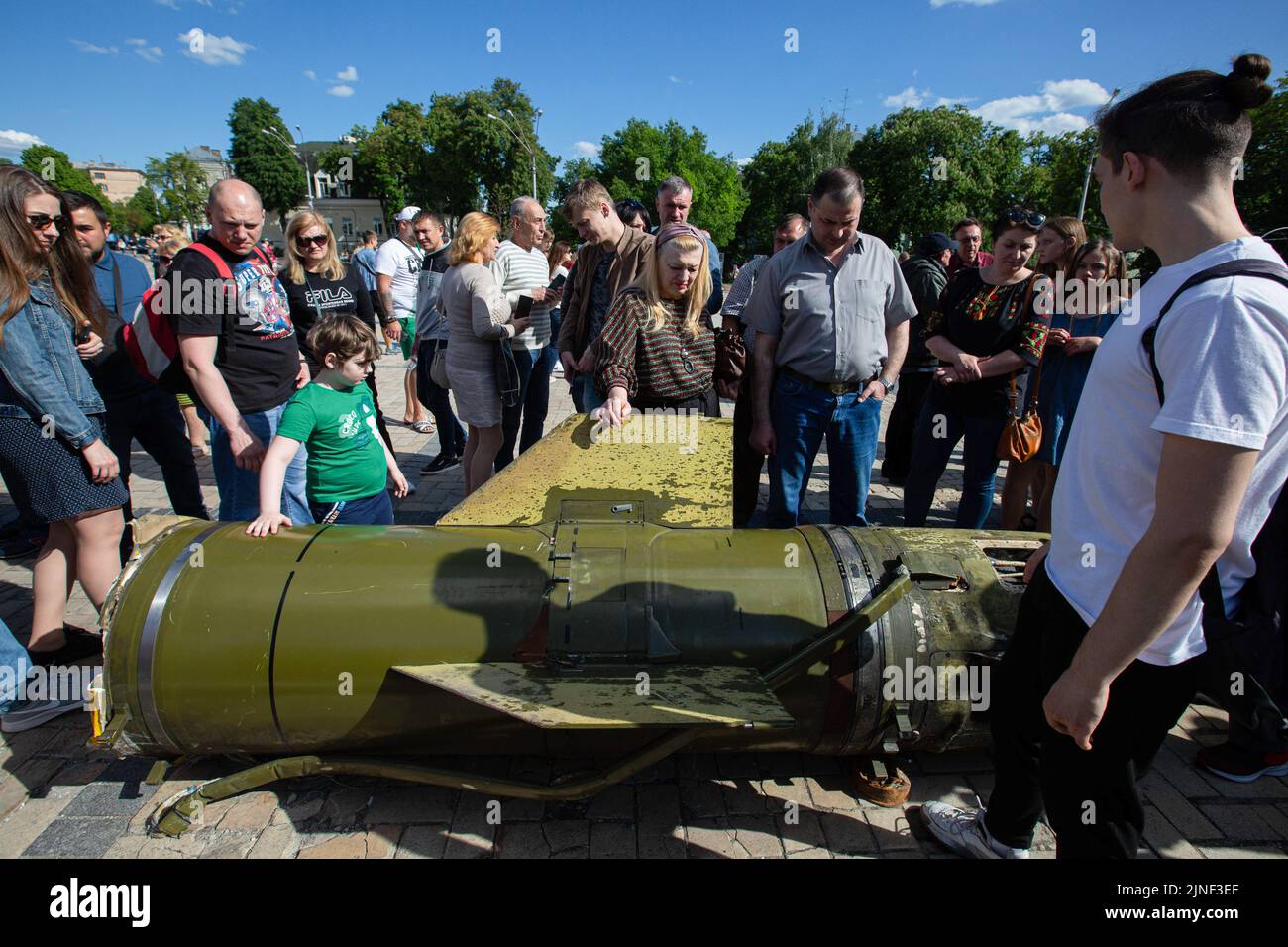 Kyiv, Ukraine. 29th May, 2022. People look at the Russian rocket Tochka ...