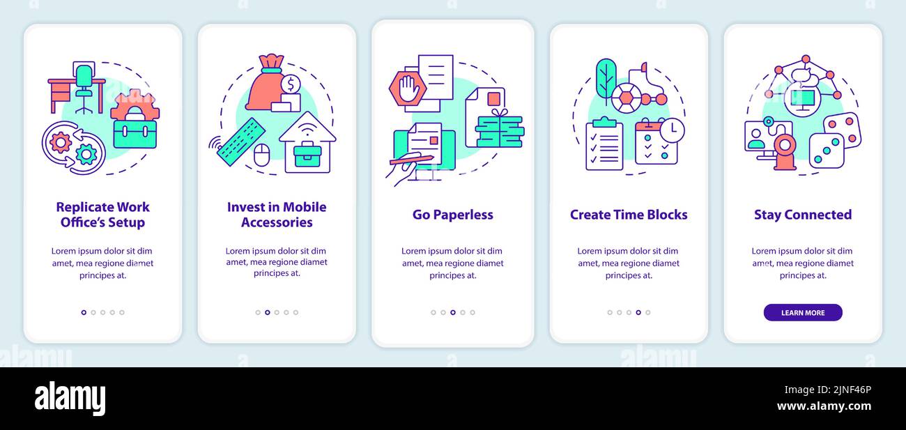 Remote work productivity tips onboarding mobile app screen Stock Vector ...