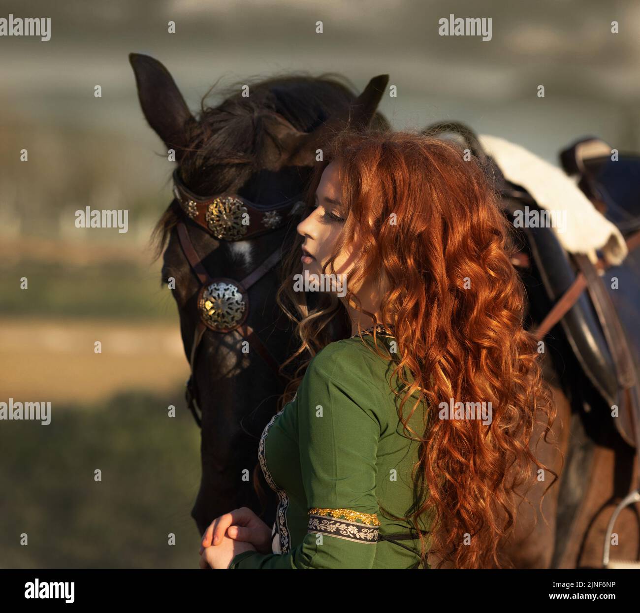 Medieval woman princess in green dress sits astride black steed horse ...