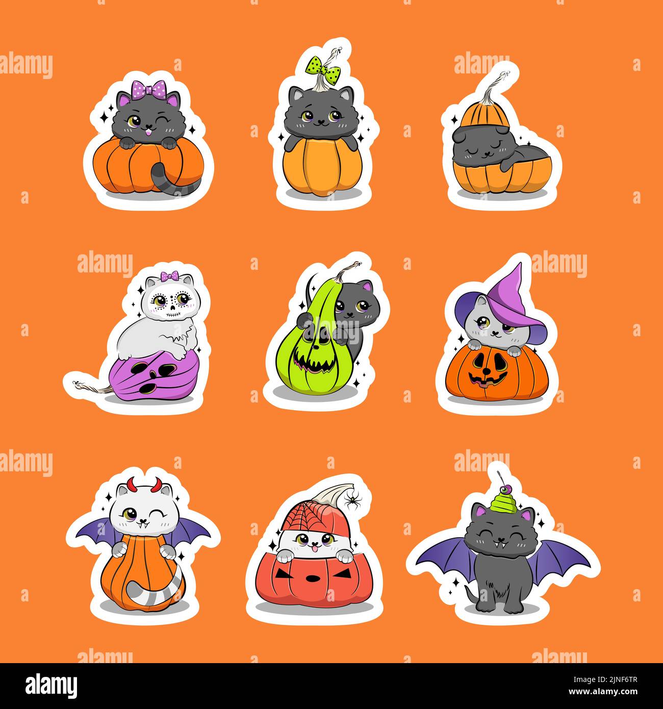 Cute Halloween Cat In Cartoon Style Sticker Pack Stock Vector Image And Art Alamy