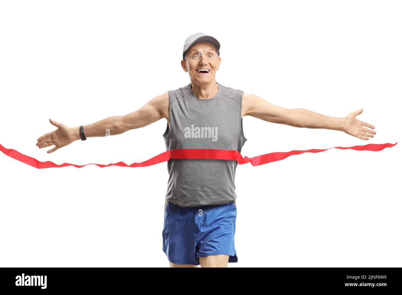Elderly man on the finish of a marathon race isolated on white ...