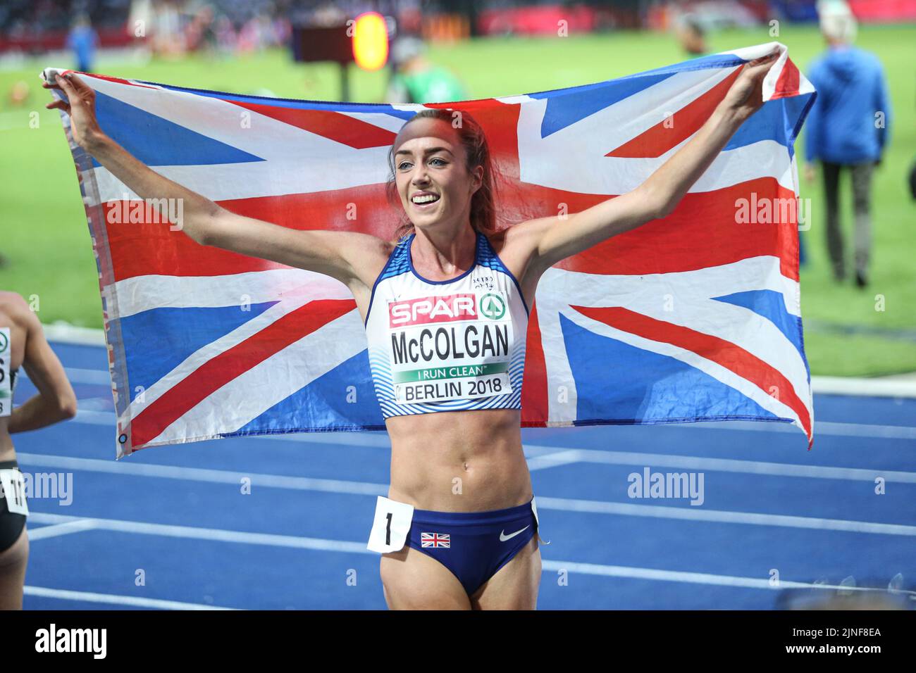 Eilish Mccolgan with the flag of his country at the European Athletics ...