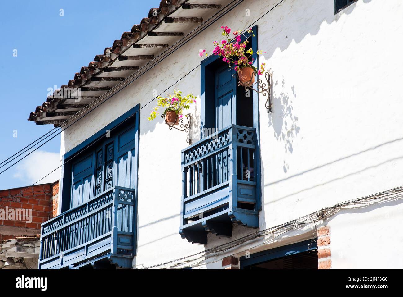 Beautiful balconies of the colonial houses at the small town of Santa ...