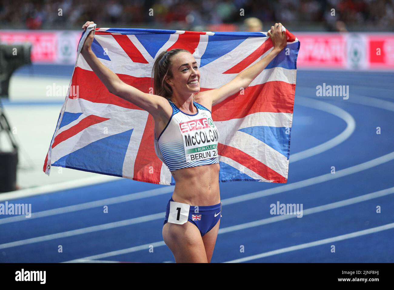 Eilish Mccolgan with the flag of his country at the European Athletics ...