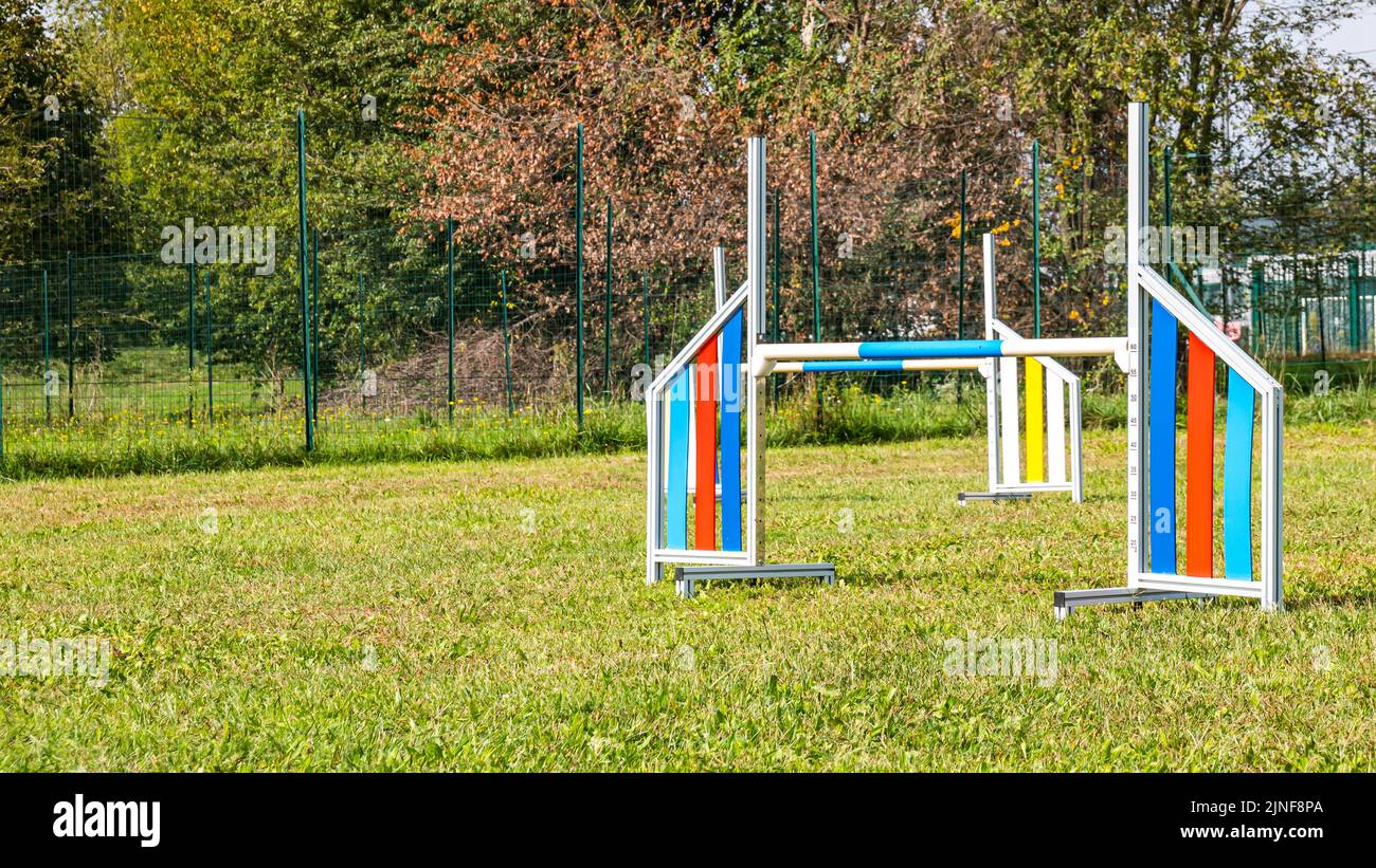 Area equipped for dog training. Dog training in a fenced area. Obstacle ...