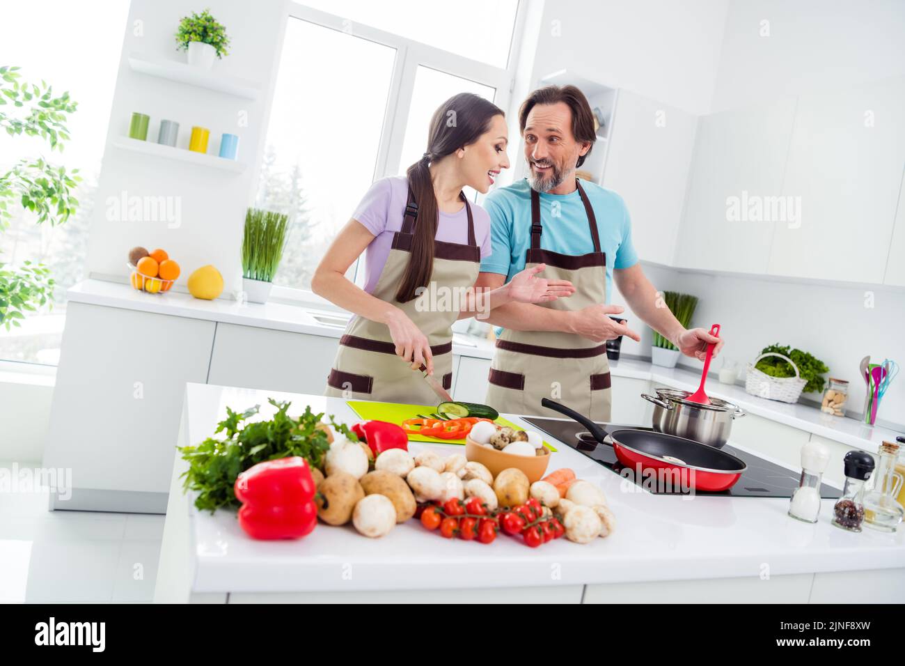 Photo of good mood cheerful age boyfriend girlfriend wear aprons ...