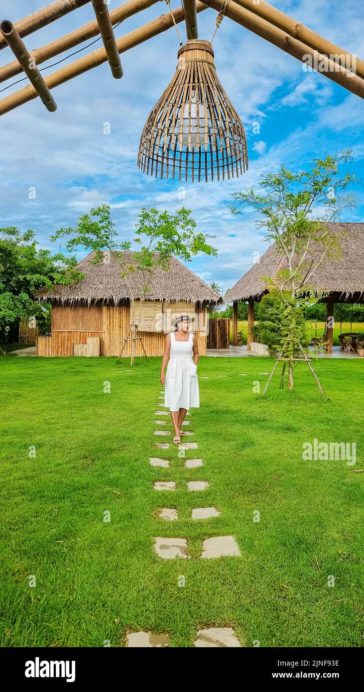 Eco farm homestay with a rice field in central Thailand, paddy field of ...