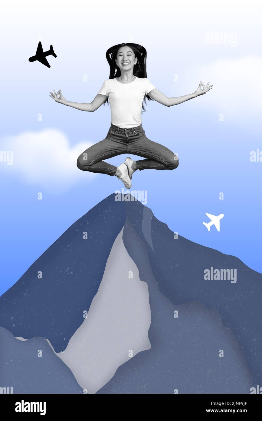 Vertical collage picture of positive girl black white effect flying ...