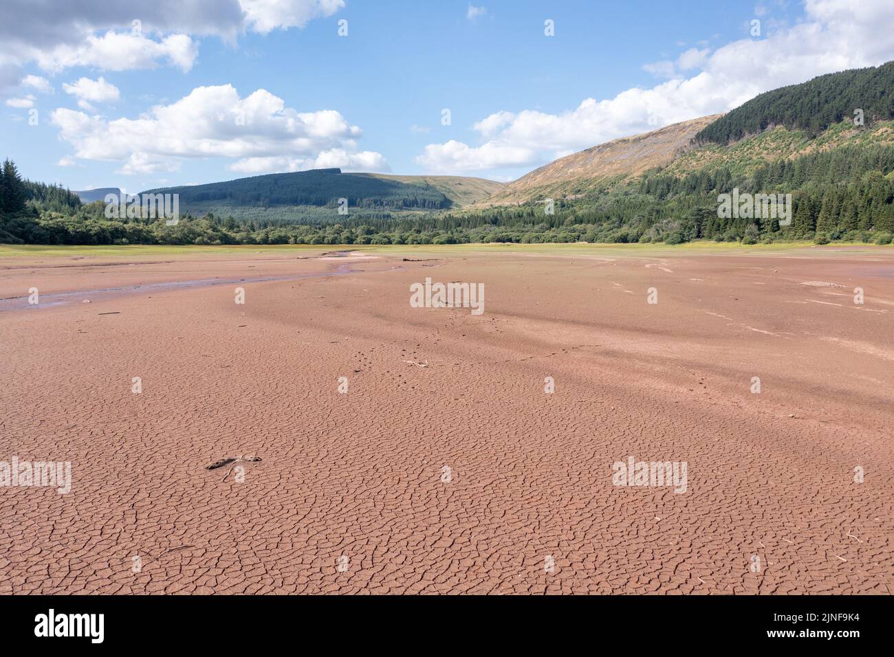 Aerial view of low water level in the Pentwyn Reservoir during the 8th ...