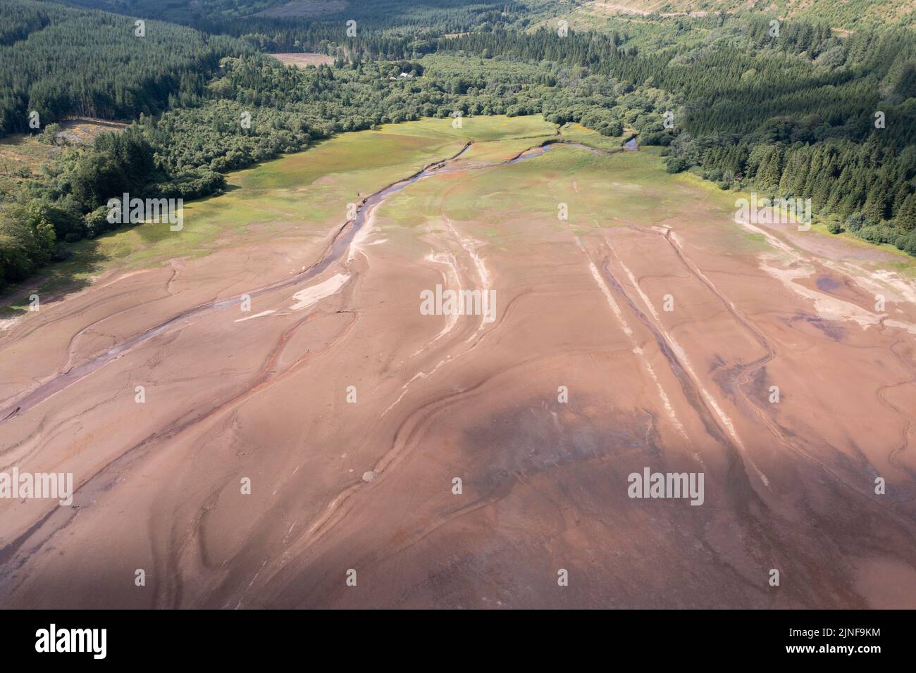Aerial view of low water level in the Pentwyn Reservoir during the 8th ...