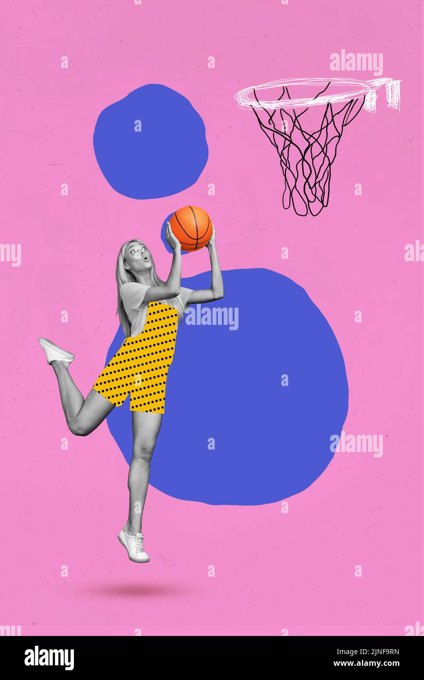 Vertical Collage Picture Of Excited Girl Black White Colors Hands Throw