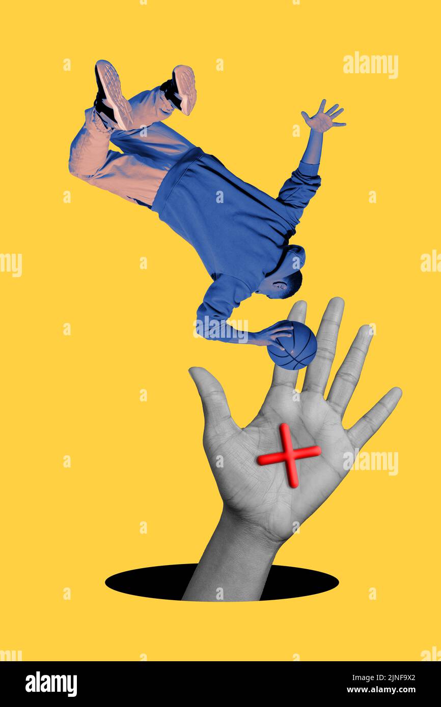 Vertical collage illustration of flying guy black white effect throw ...