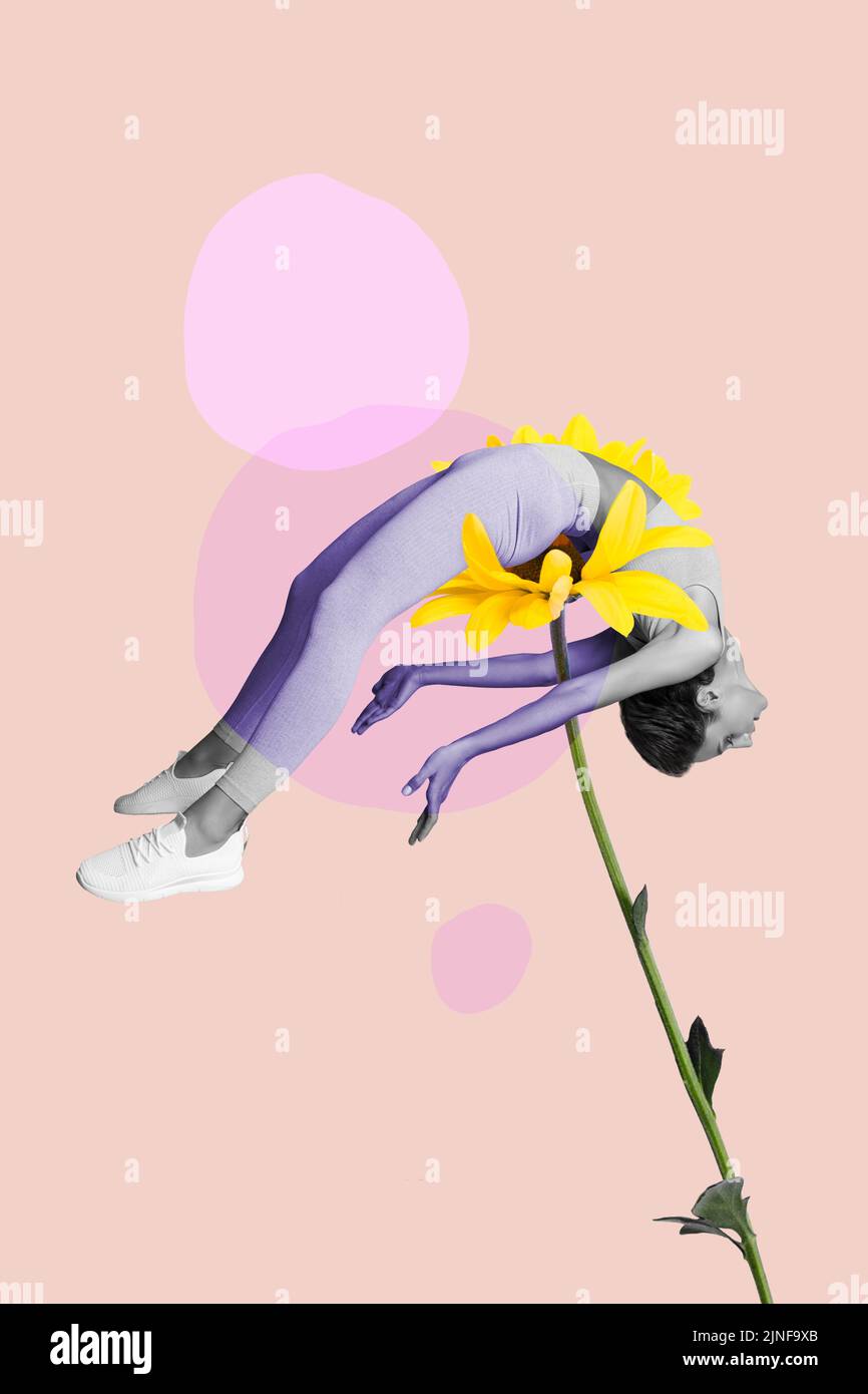 Composite collage picture of flexible dreamy relaxed woman gymnastics ...