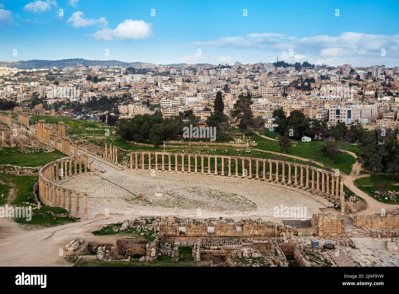 Oval forum view at the historic ruins of Jerash, Gerasa Governorate ...