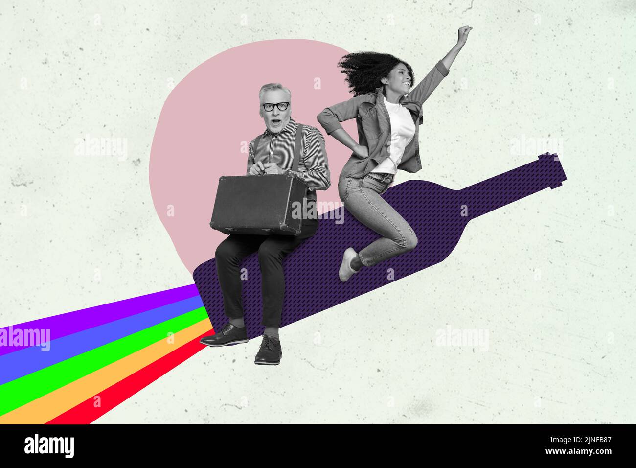 Magazine picture collage of two passengers lady man travel up on bottle ...