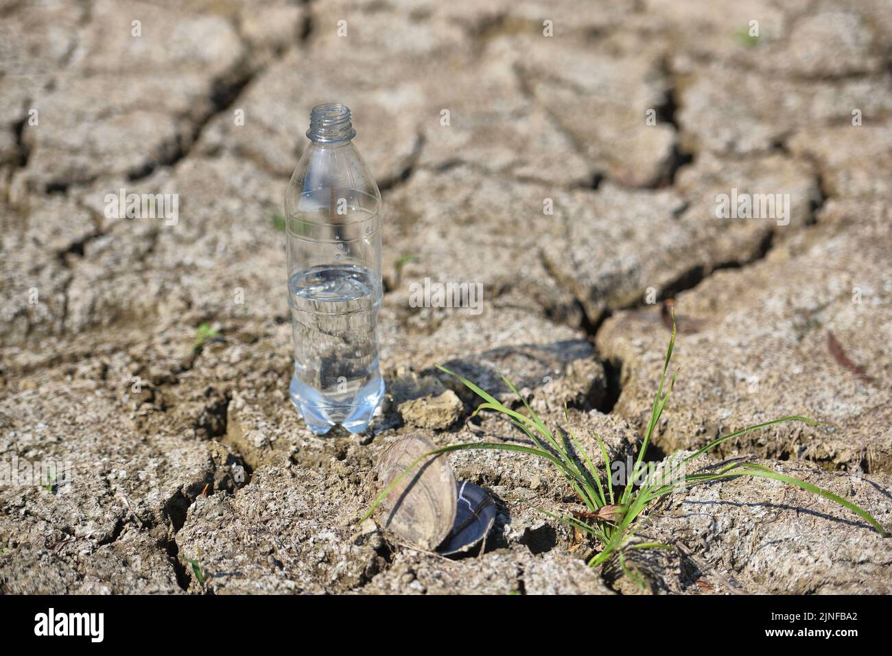 A transparent bottle of clean drinking water stands in the middle of ...