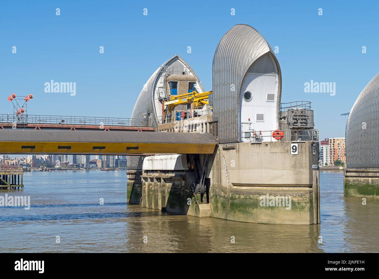 The Thames Barrier, London's flood defence system on a clear sunny day ...