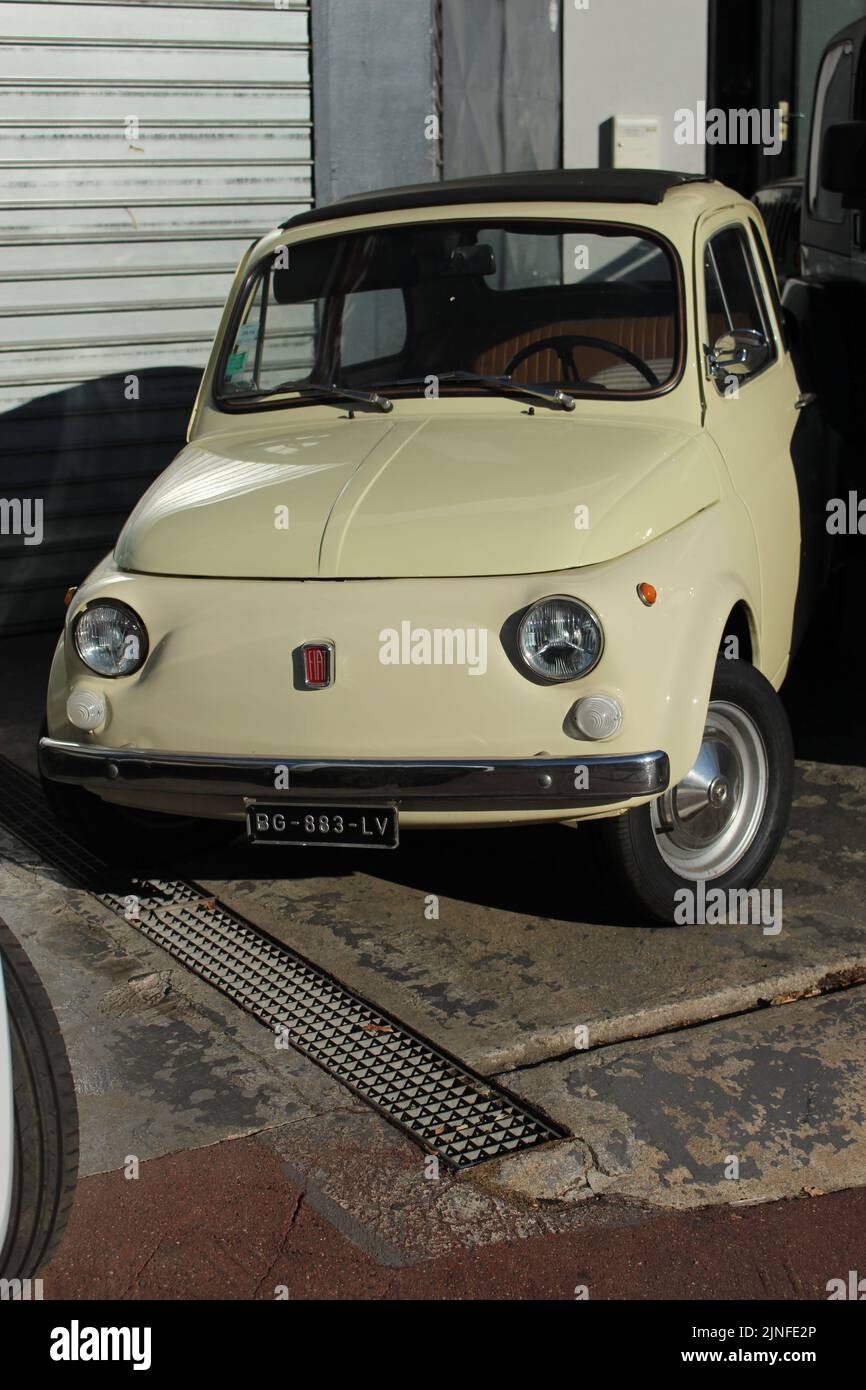 Paris, France - July 31, 2022: Classic beige Fiat 500 seen parked ...