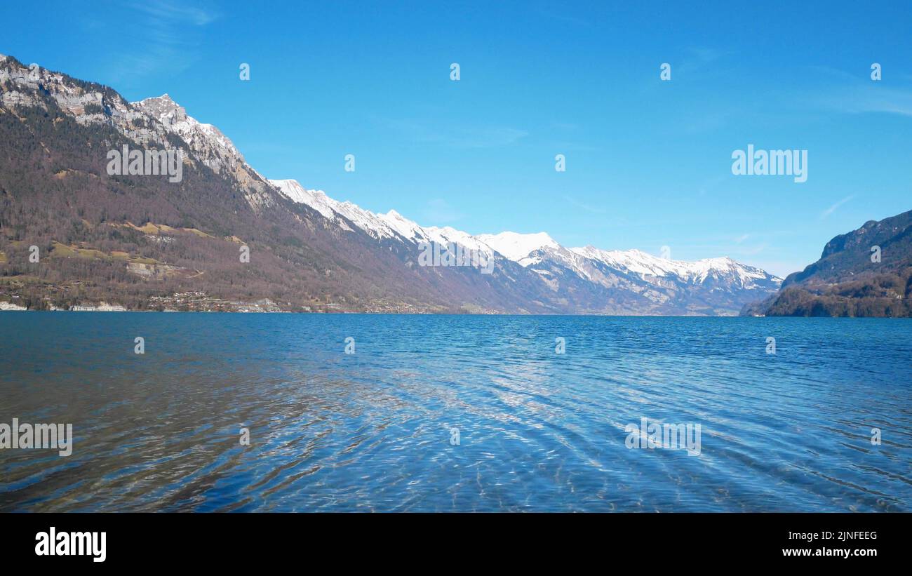 Breathtaking view of the Lake Brienz. Turquoise calm water, majectic ...