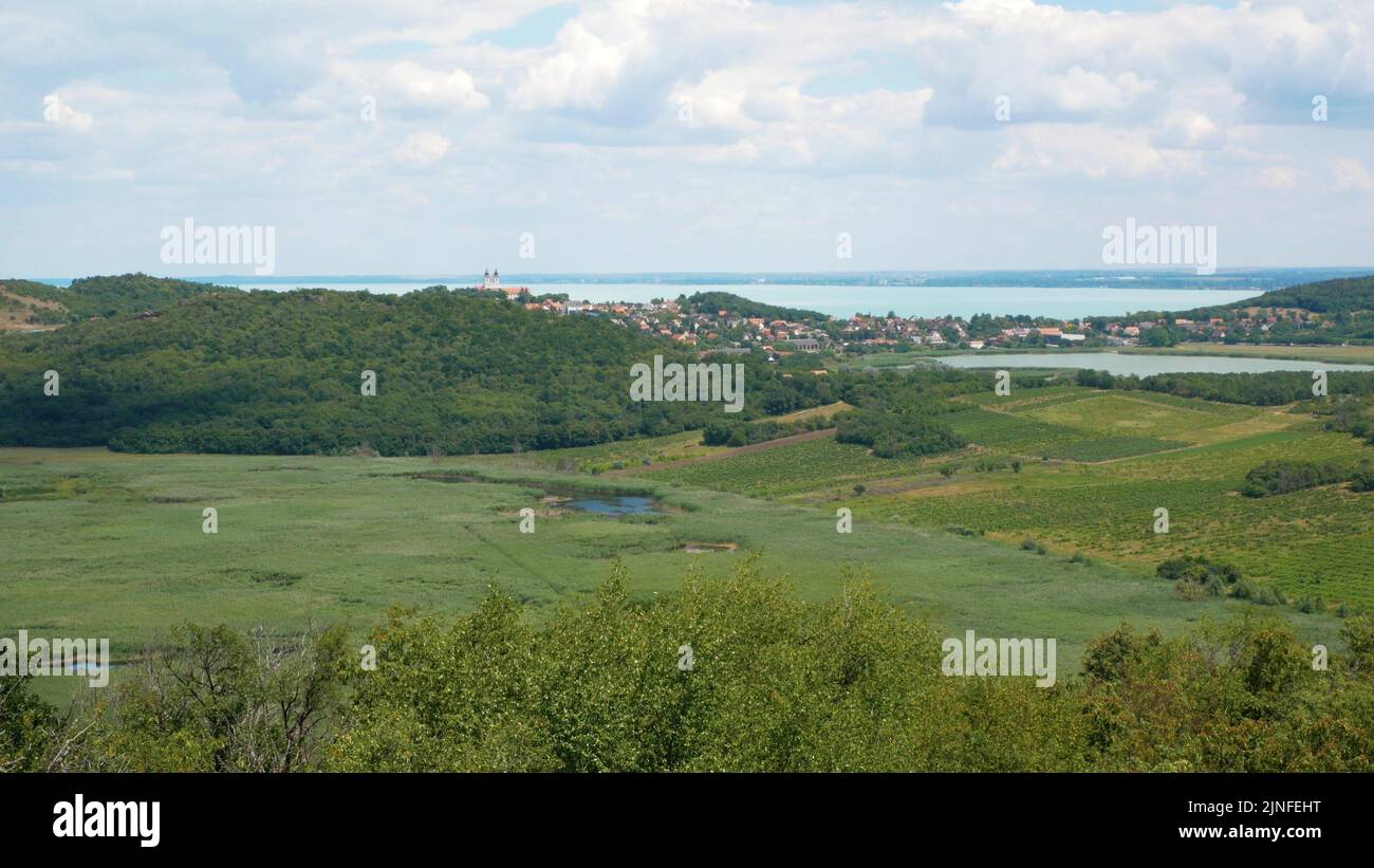 Aerial view of Tihany Abbey. Beautiful panorama view of the Benedictine ...