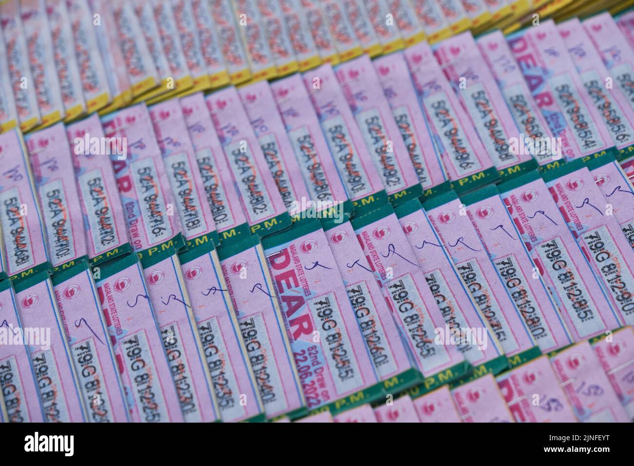 Sikkim, Gangtok, India - 21 June 2022, Lottery tickets up for sale at a ...