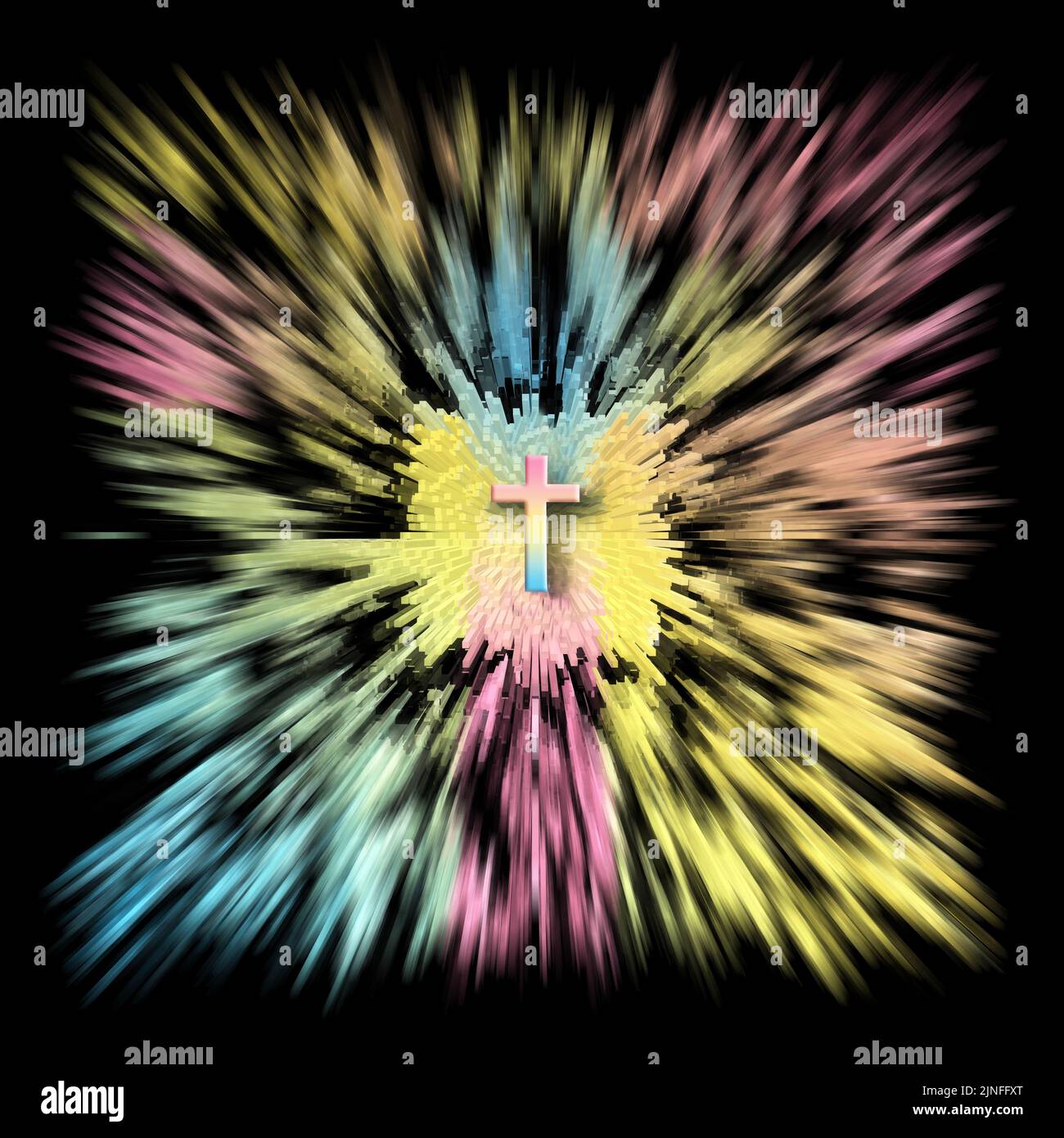 A Christian cross is seen in pastel colors with rays of color in the ...