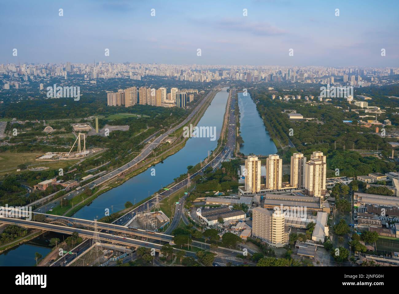 Aerial View of Pinheiros River, Villa Lobos Park, Jaguare Bridge and ...