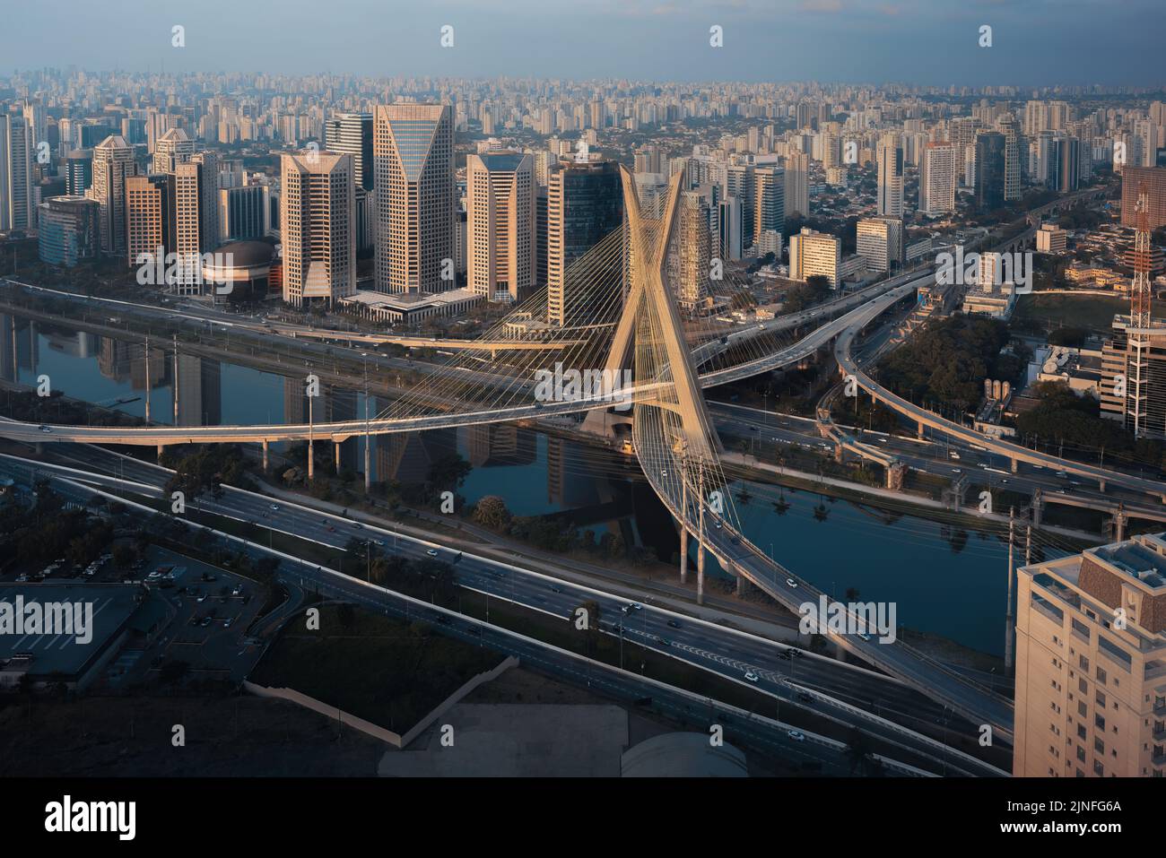 Aerial view of Octavio Frias de Oliveira Bridge (Ponte Estaiada) over ...