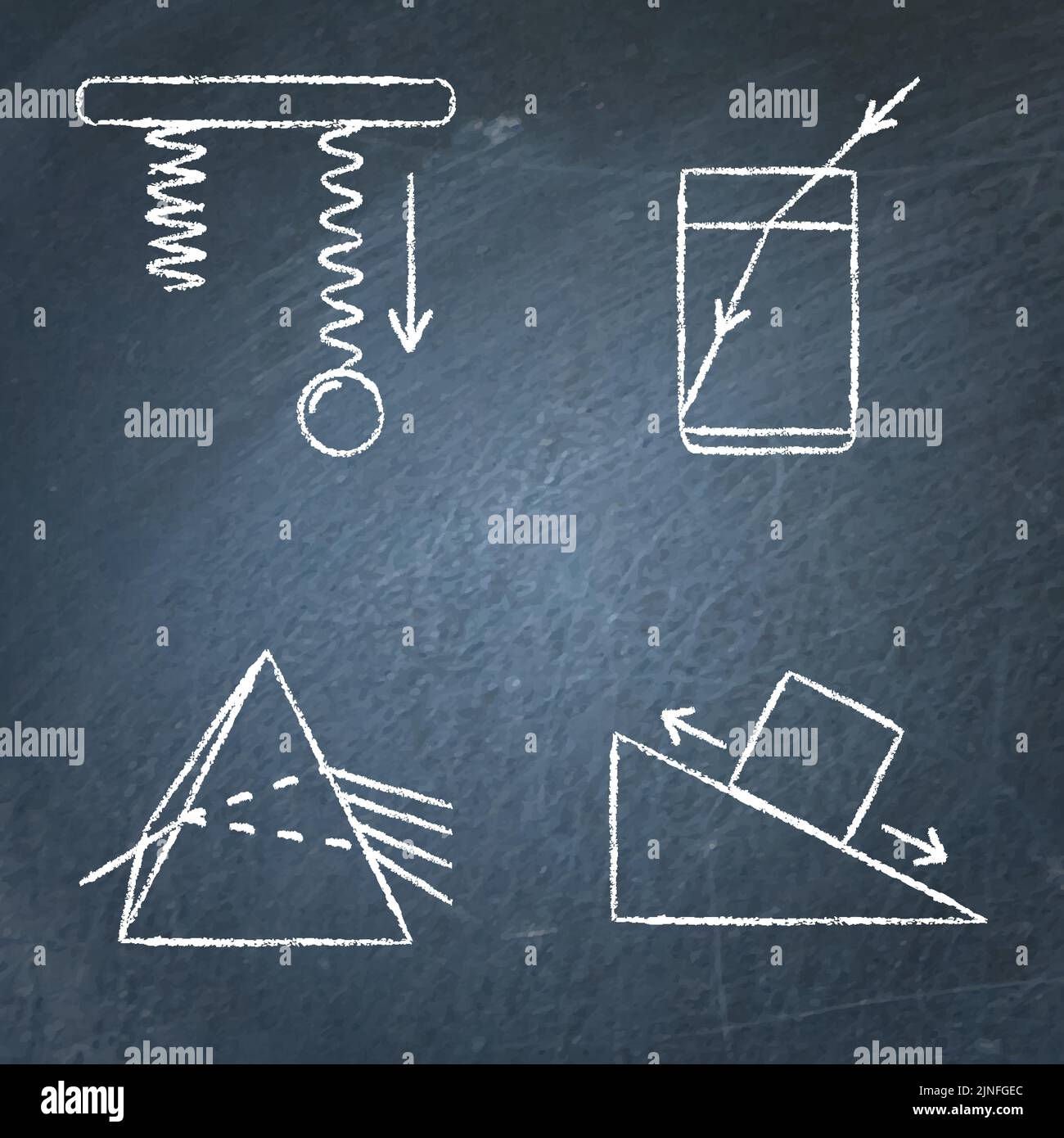 Physics icon set on chalkboard. Elastic force, frictional force ...