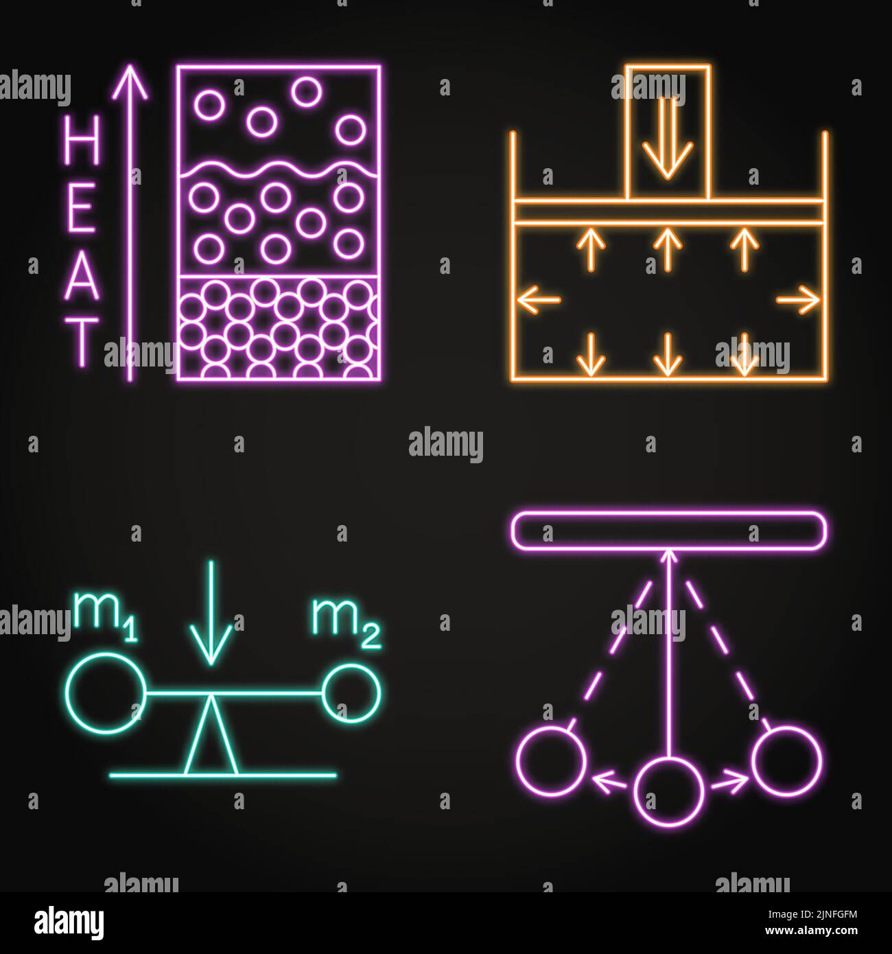 Physics neon icon set in line style. Pendulum oscillation, aggregate ...