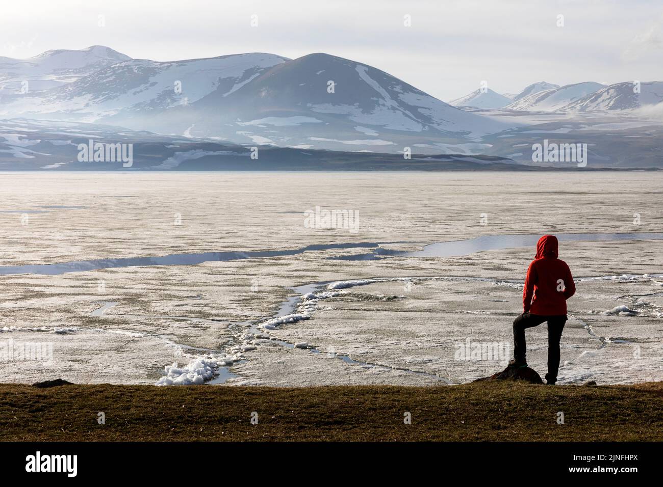 Woman looking at the frozen lake Paravani and snowy mountains in the ...
