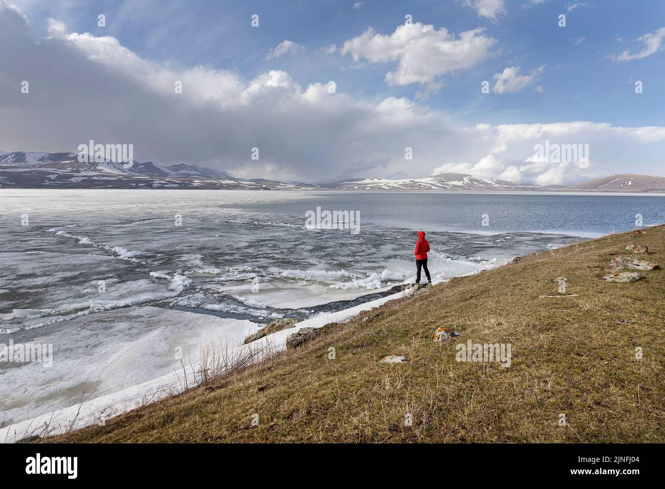 Woman looking at the frozen lake Paravani and snowy mountains in the ...