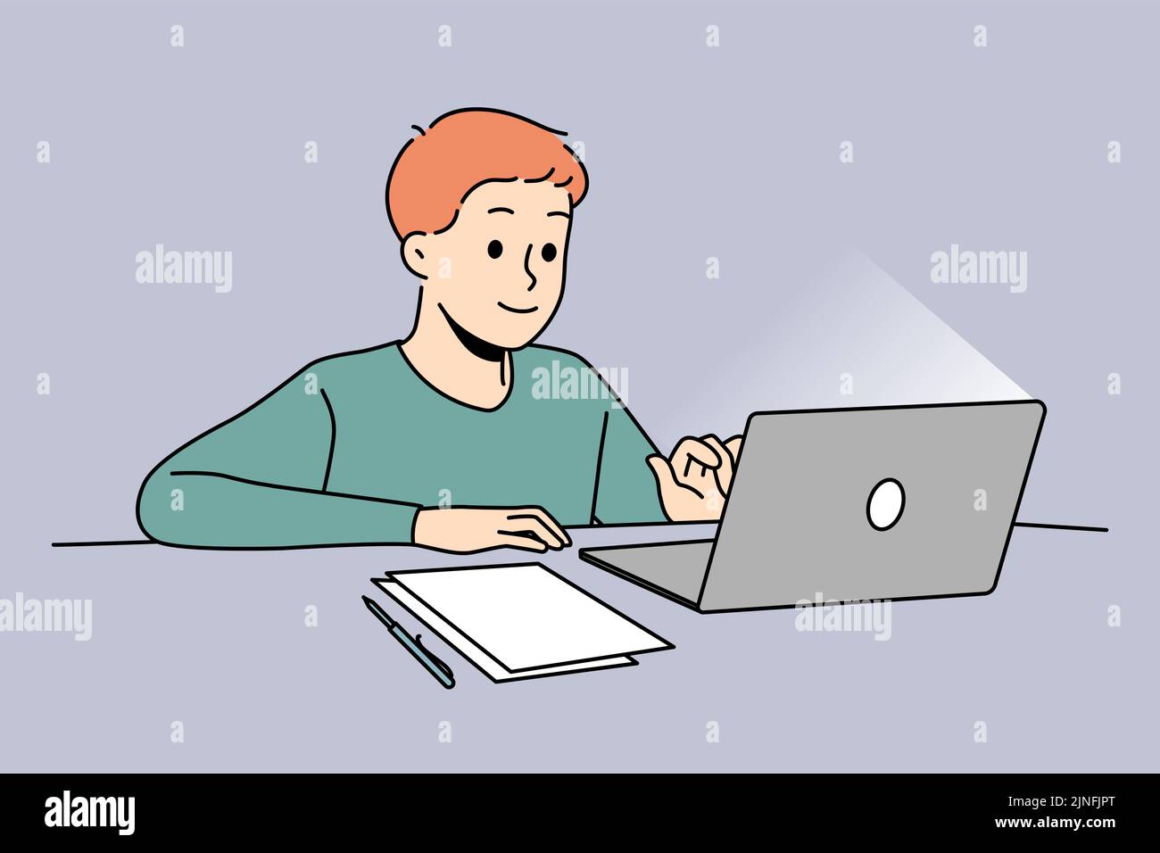 Happy boy child sit at desk studying online on computer. Smiling kid ...