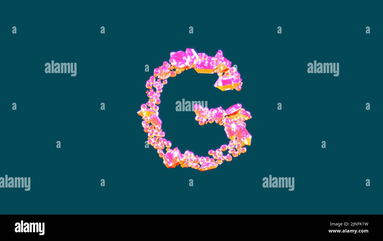 colorful pink and orange glamorous gems letter G on blue, isolated ...