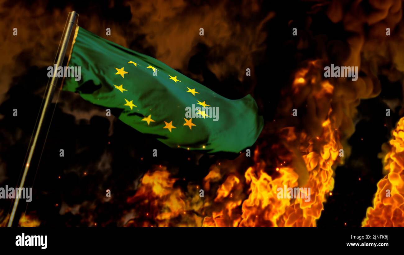 flag of European Union on burning fire backdrop - hard times concept ...