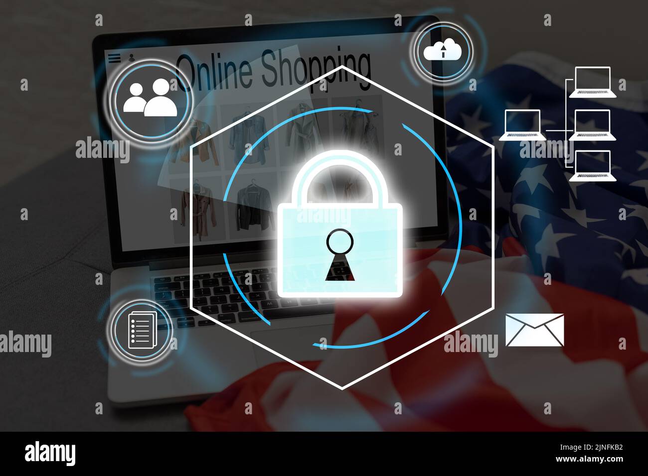 Virtual creative lock symbol and microcircuit illustration on USA flag ...