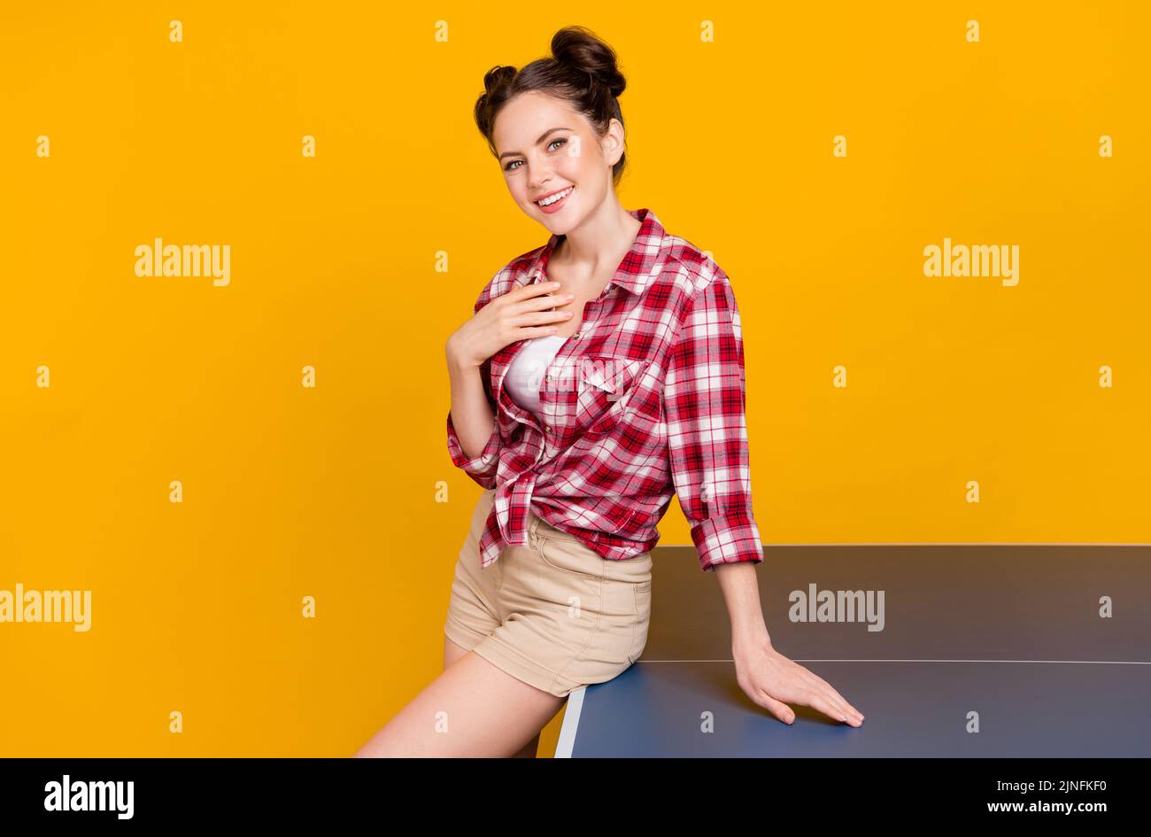 Photo of pretty lovely lady sit on table tennis court wait for ...