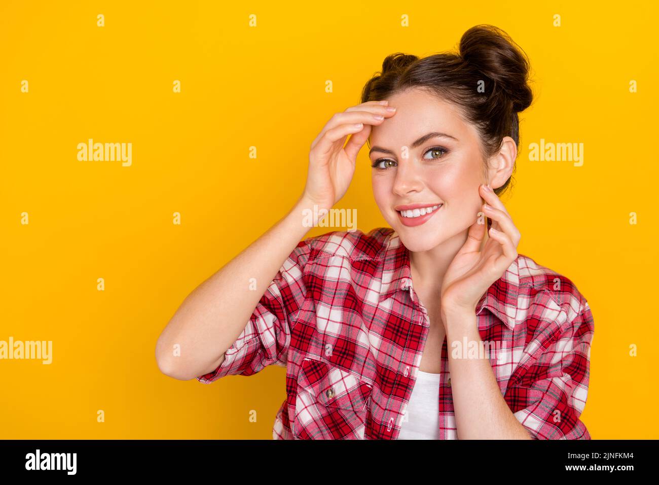 Photo of positive gorgeous lady hands touch face toothy smile look ...