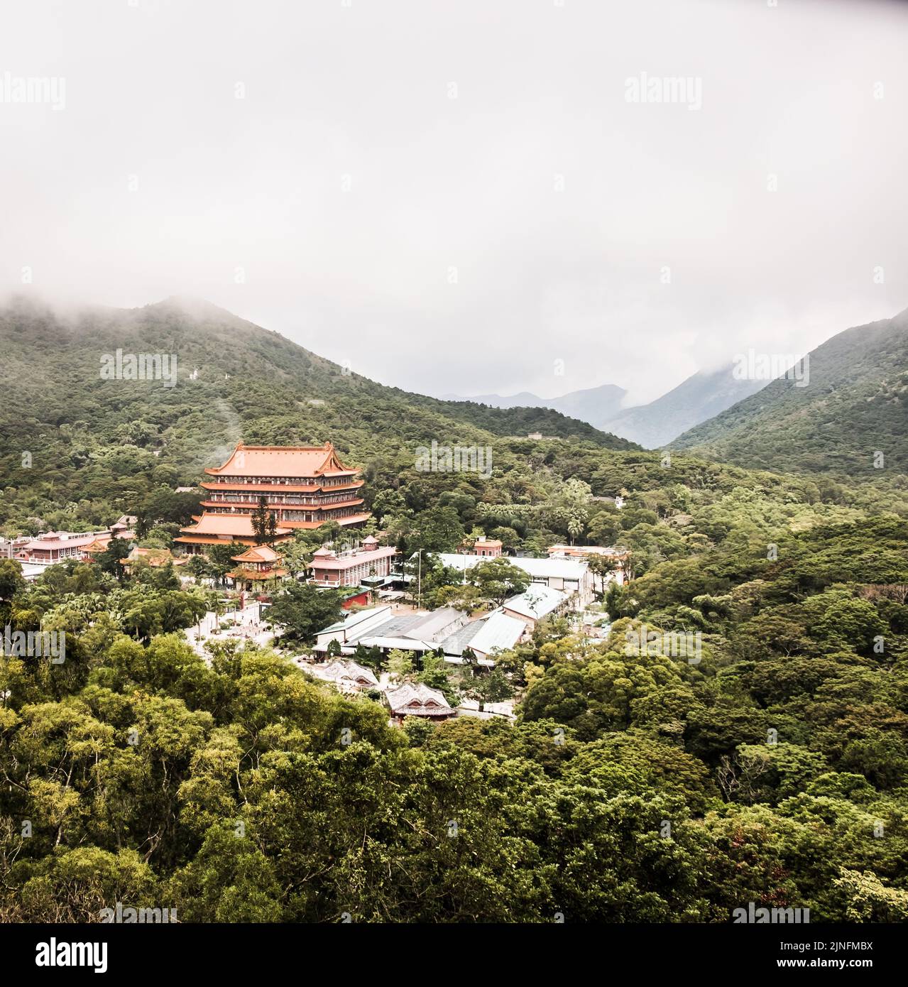 An aerial shot of the traditional Chinese wooden house in Lantau Island ...