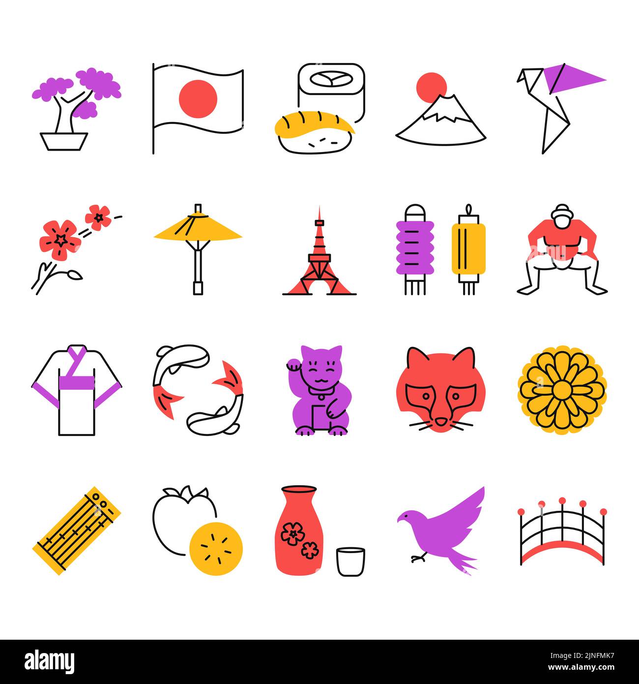 Japan icon set in colored line style. Japanese traditional symbols ...