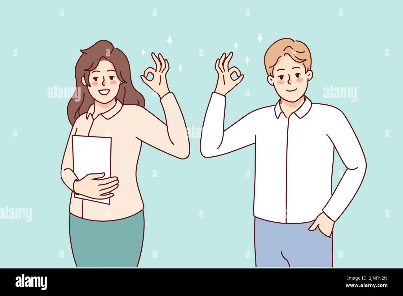 Smiling people showing ok sign with hands. Happy man and woman ...