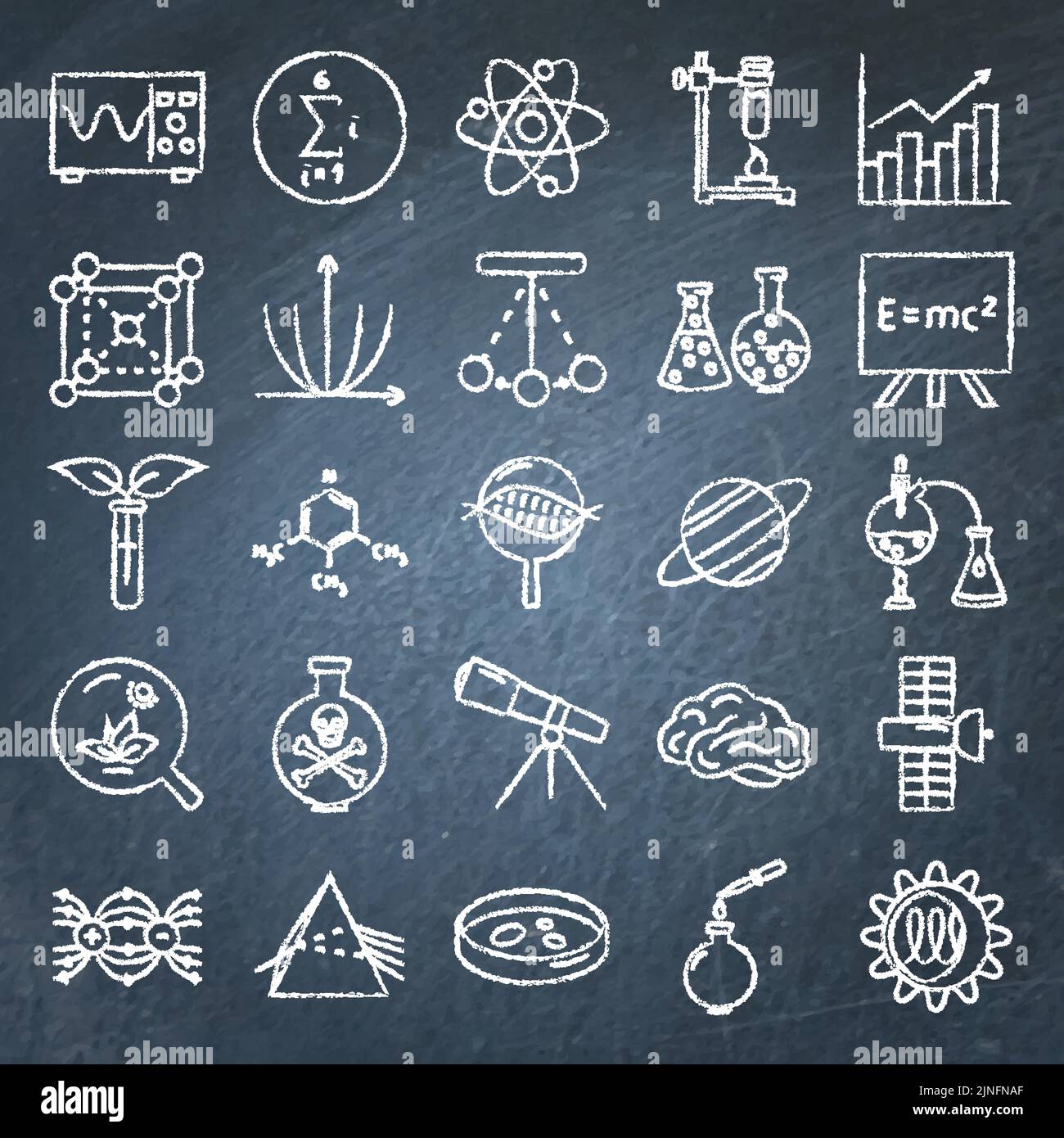 Science icon set on chalkboard. Blackboard scientific elements ...
