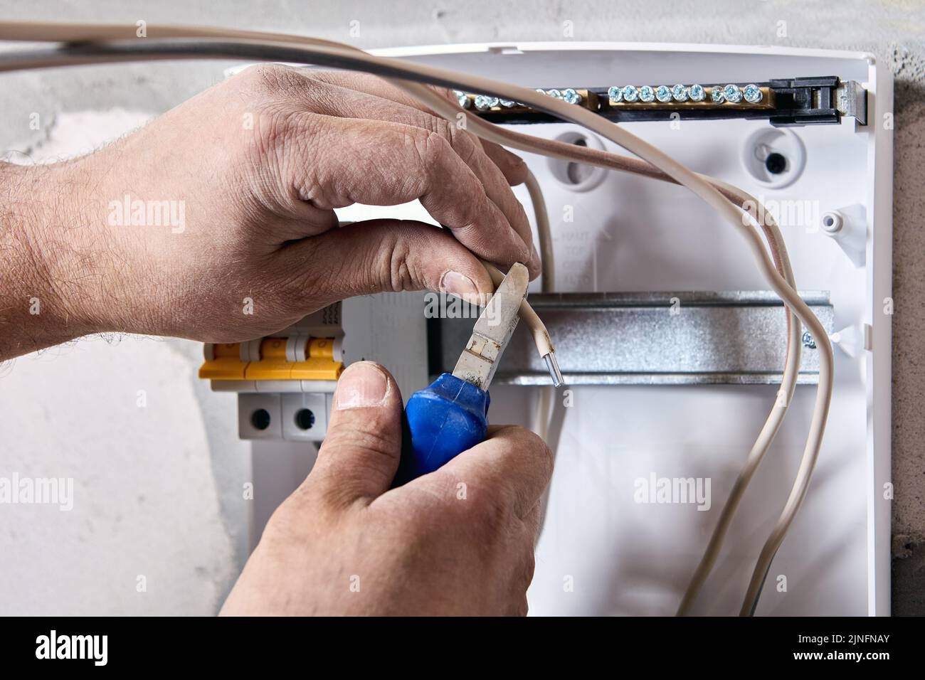 Installation of distribution board in residential building Stock Photo ...