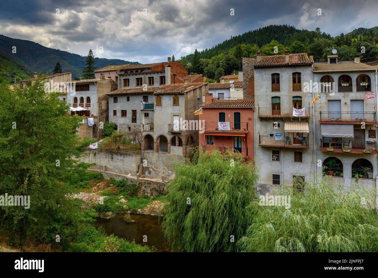 Osor village, in Les Guilleries mountains, with the bridge and the Osor ...