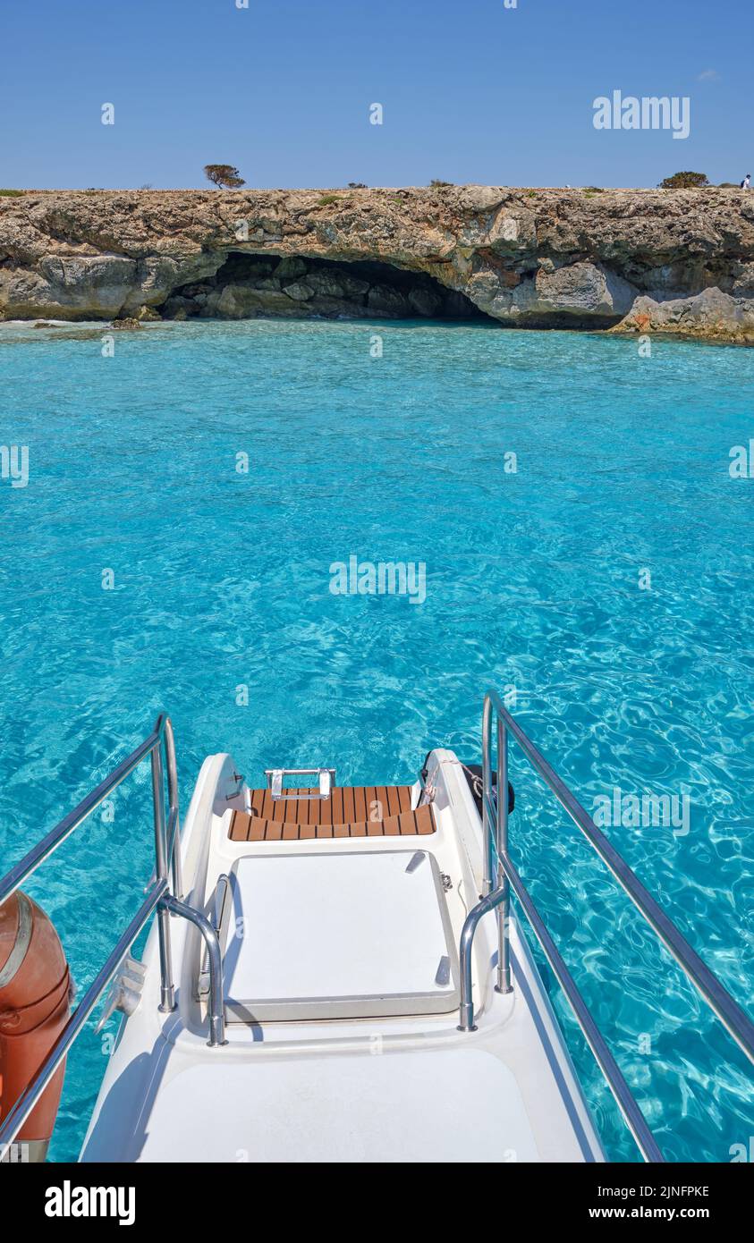 Menorca, Spain: Beautiful bay with sailing boat catamaran Stock Photo ...