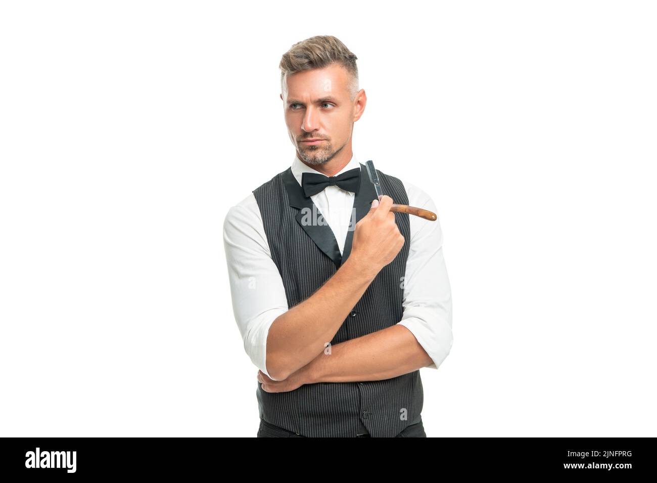man barber with razor blade in bow tie isolated on white background ...