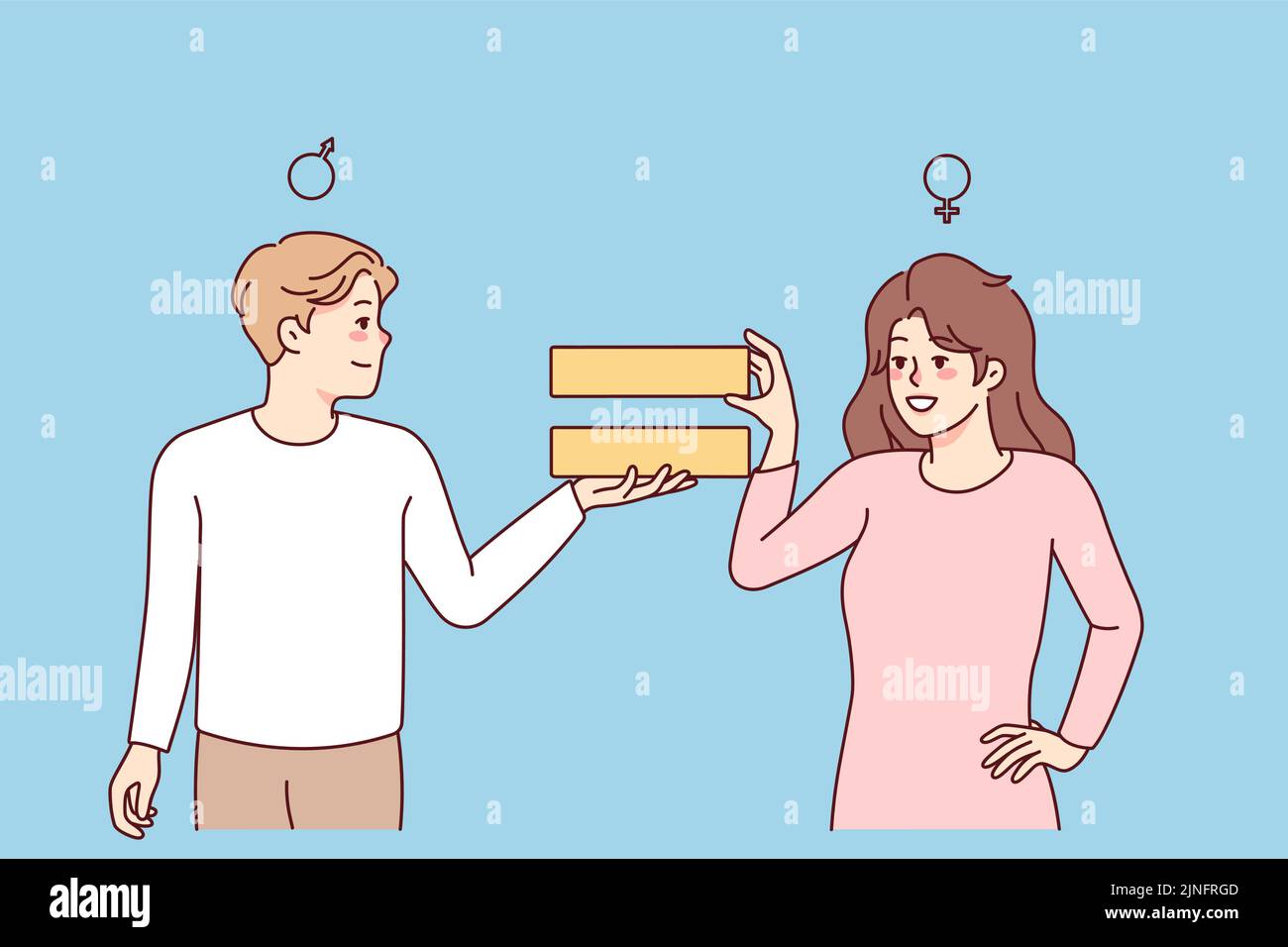 Smiling man and woman holding equality sign. Happy male and female ...