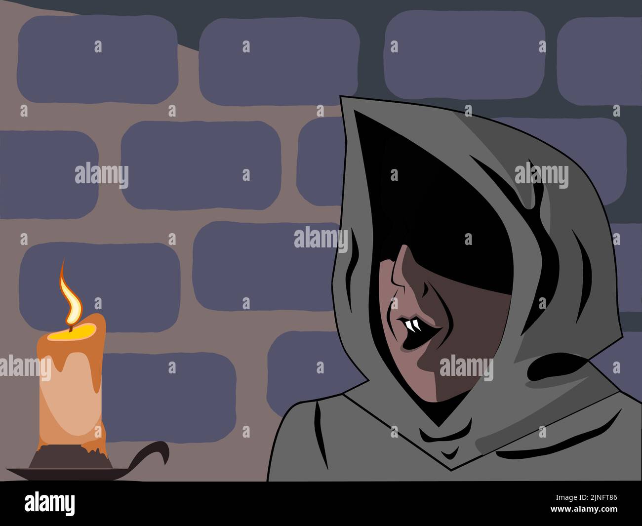 Scary man in hooded cloak inside medieval stone cell Stock Vector Image ...