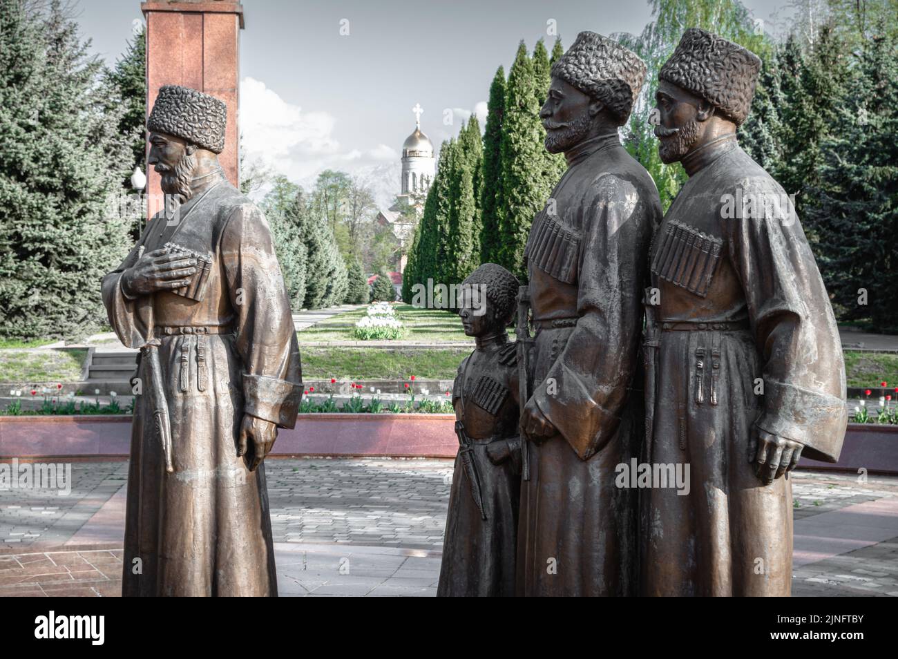 Monument to Ossetian warriors in the park of heroic glory. Vladikavkaz ...